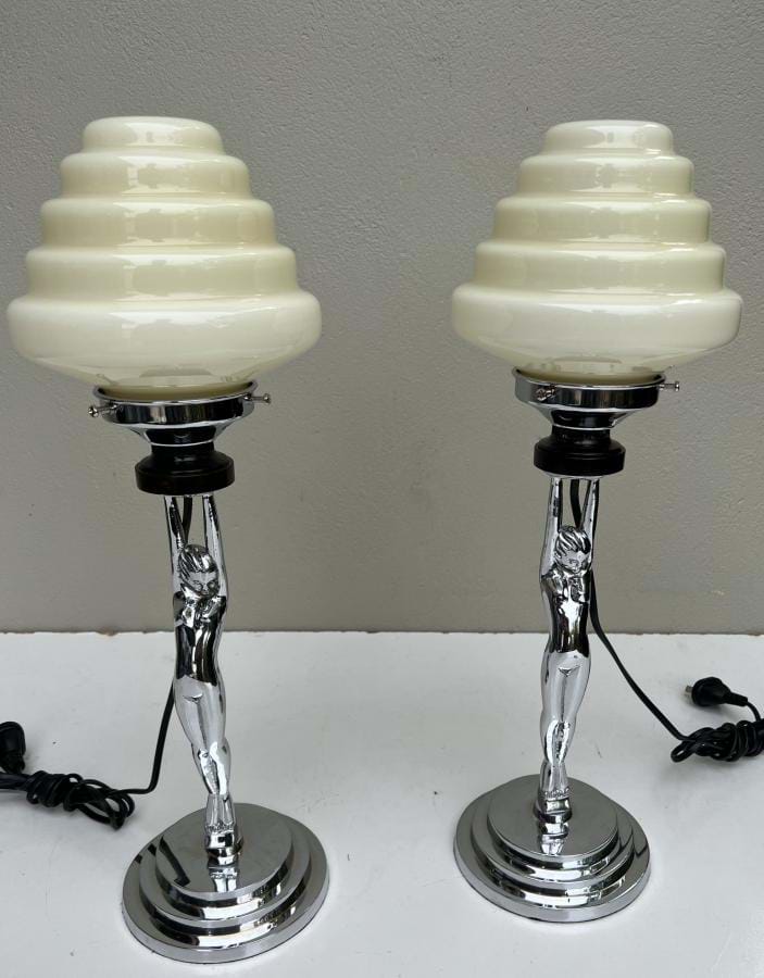 Deco Chrome Lady Lamp/Shade Pair